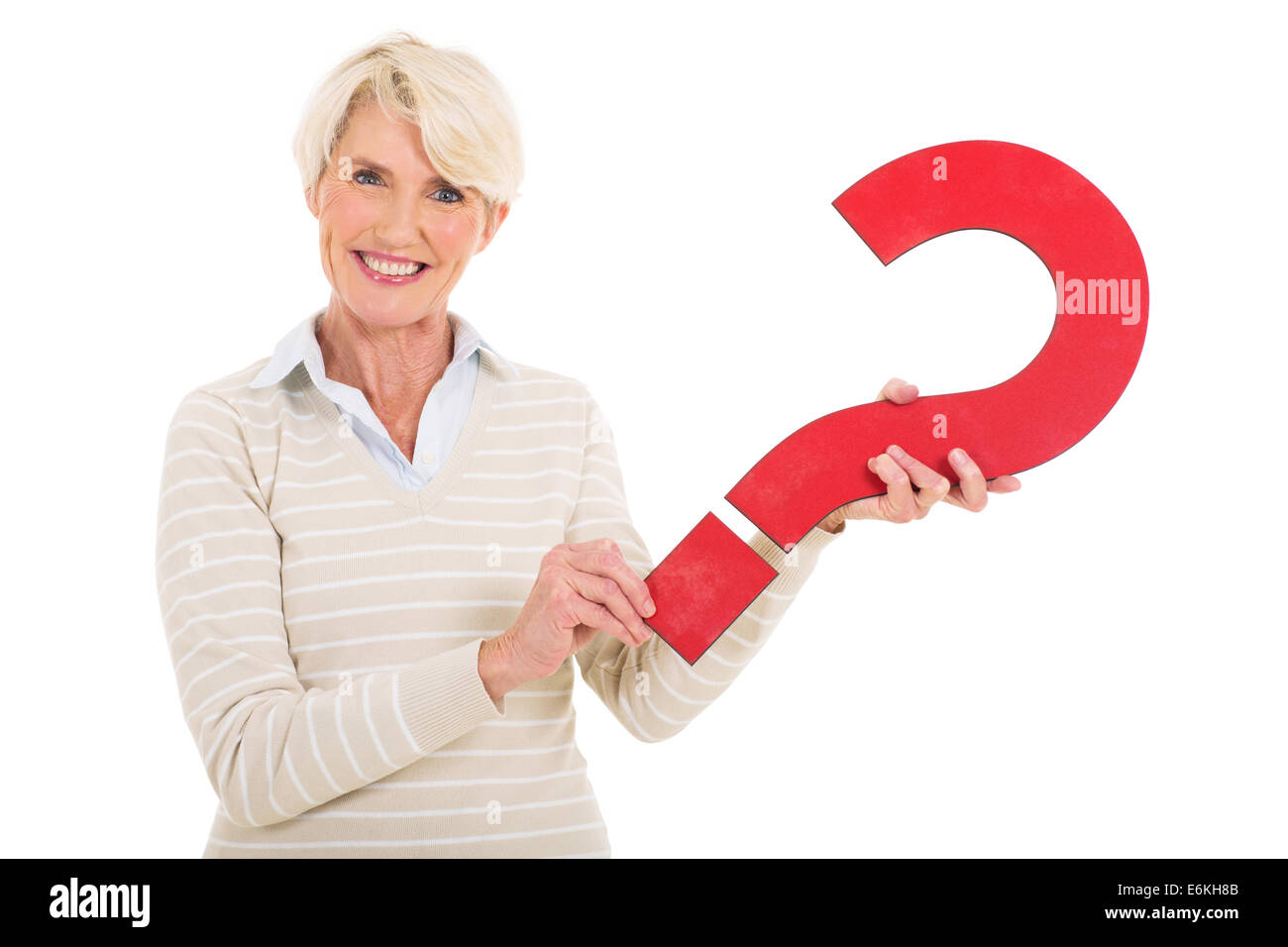 gorgeous middle aged woman with question mark symbol isolated on white ...
