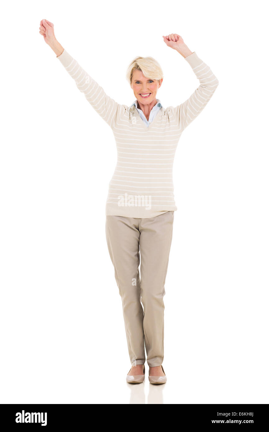 happy middle aged woman dancing on white background Stock Photo - Alamy