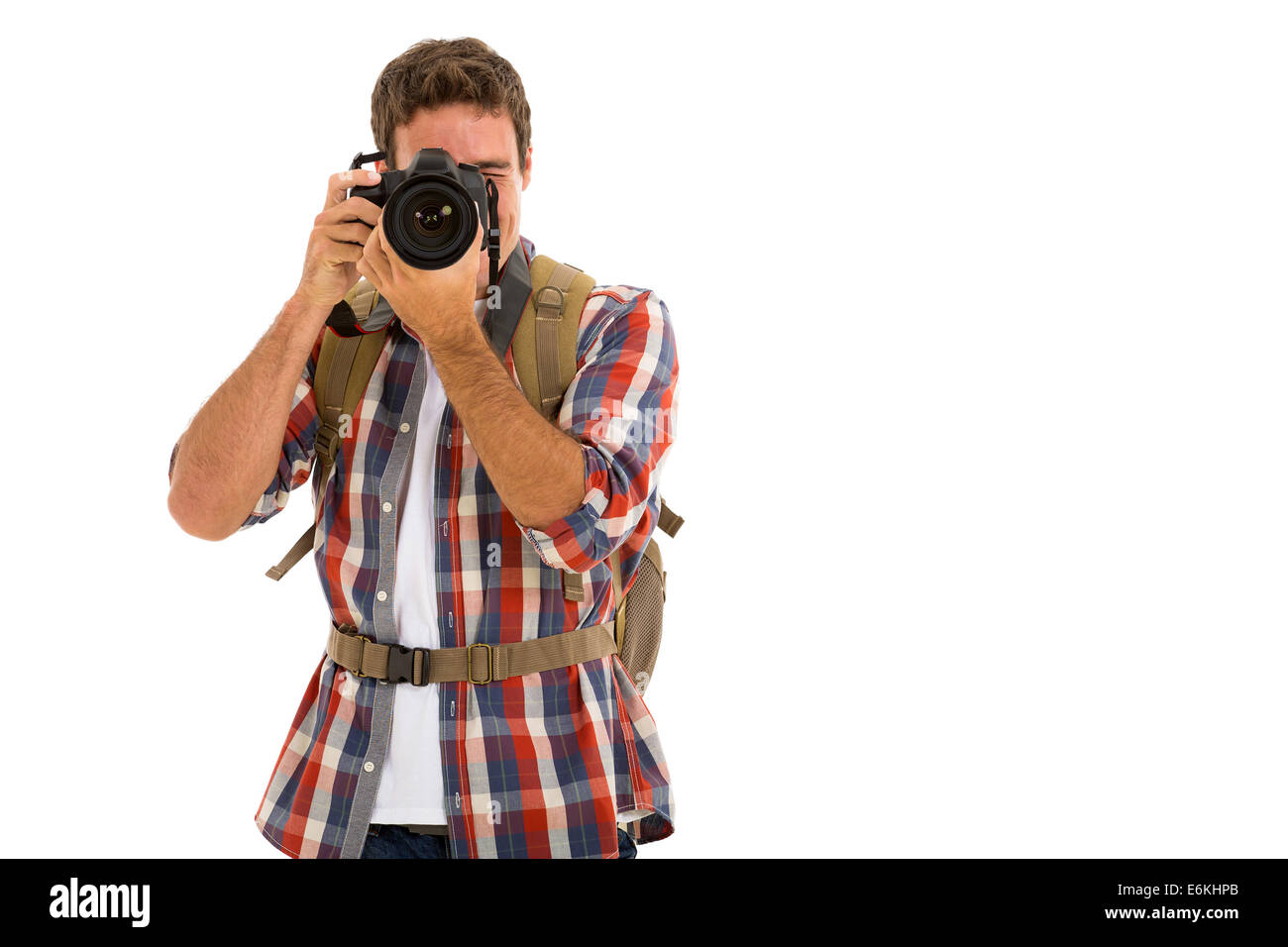 young man taking photos isolated on white background Stock Photo - Alamy