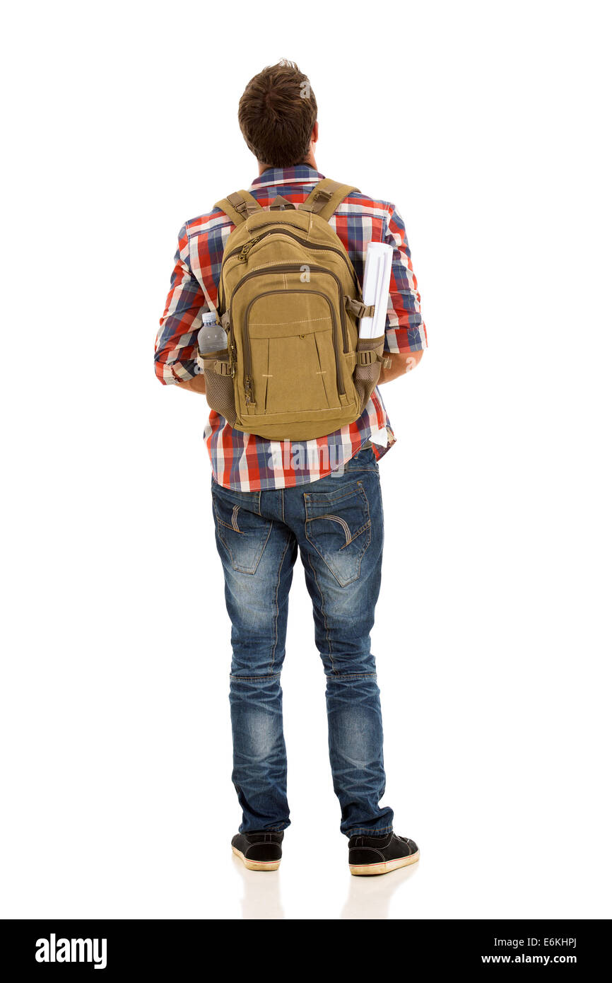 rear view of male hiker with backpack isolated on white background ...