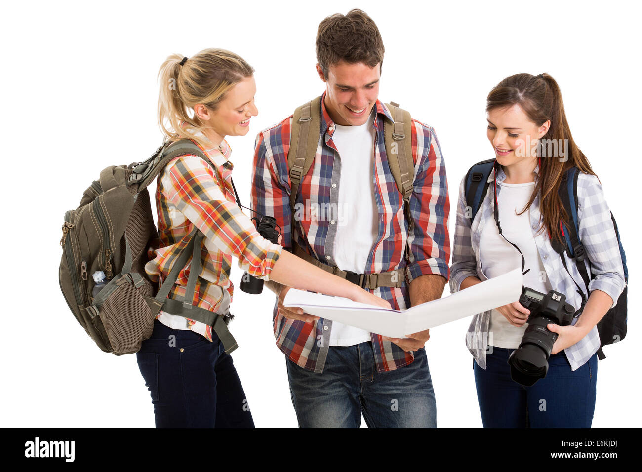 group of tourists checking directions on a map isolated on white ...