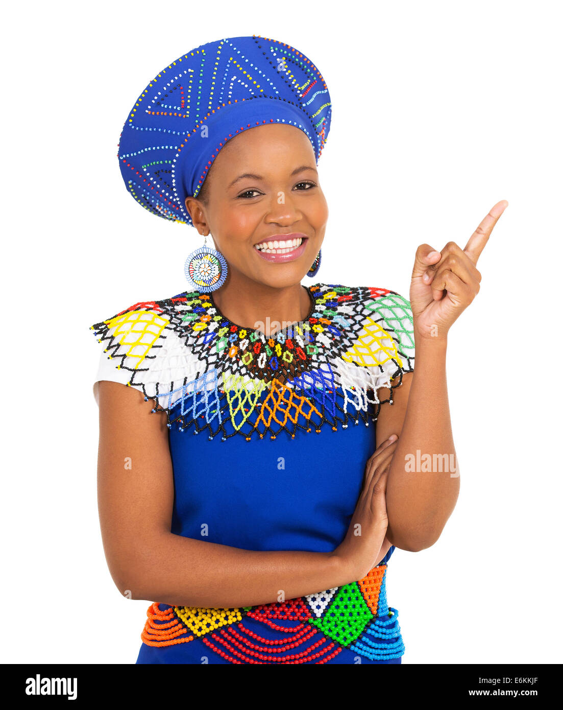 happy African woman pointing empty space isolated on white background ...