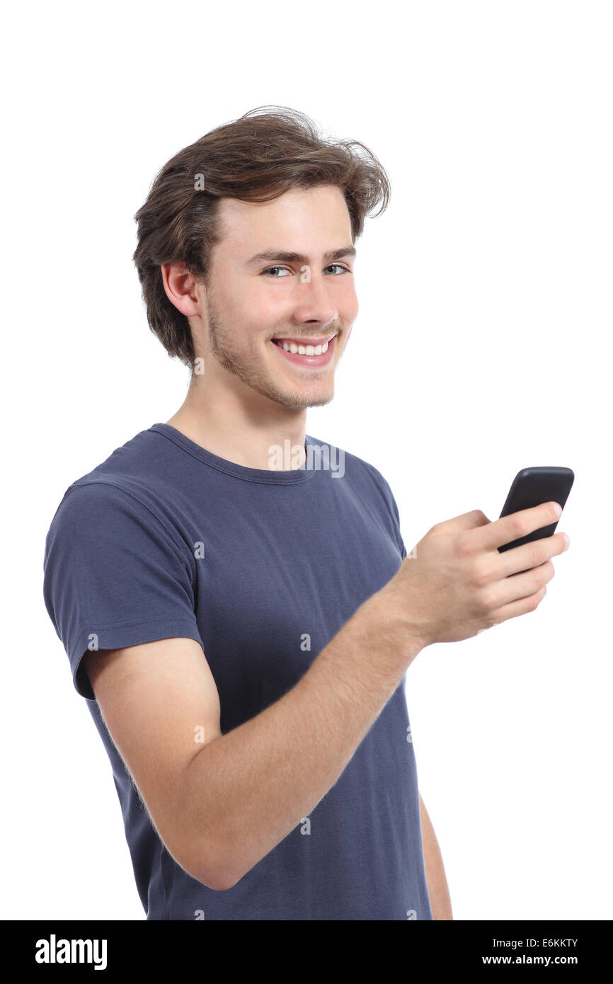 Casual happy man using a smart phone looking at camera isolated on a ...