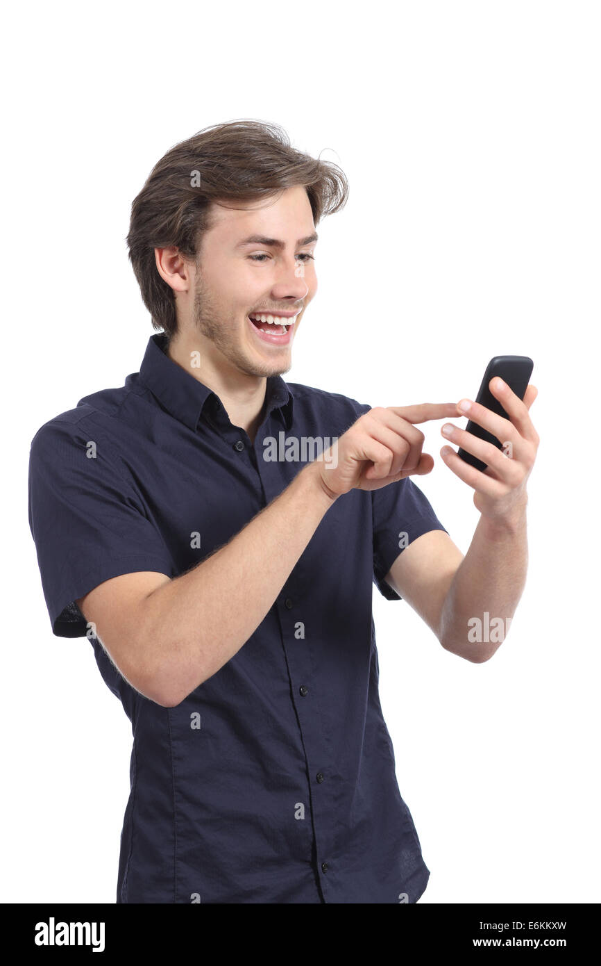 Funny man browsing social media in a touch screen smart phone isolated ...