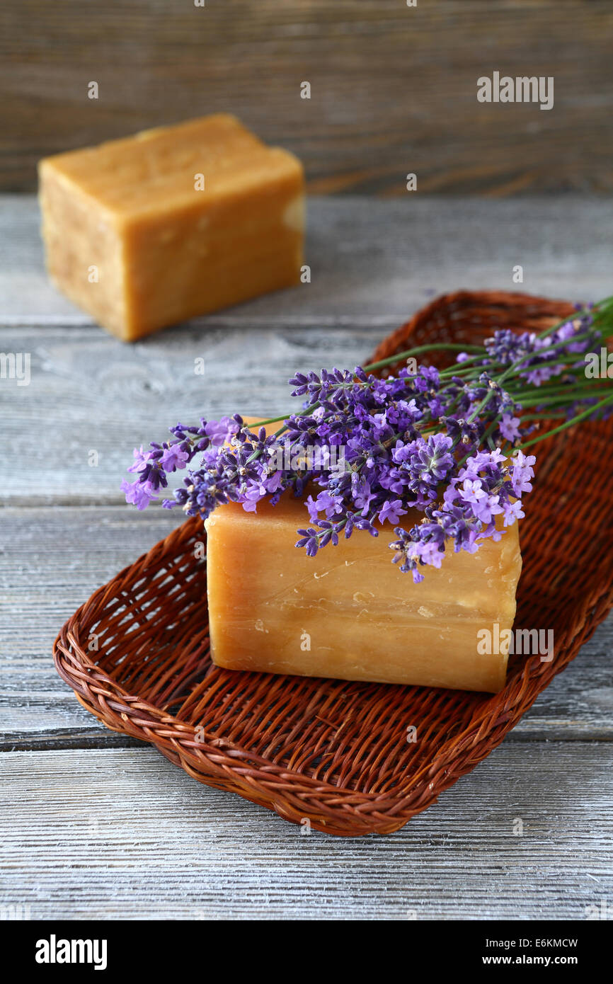 two bars of soap and lavender, hygiene Stock Photo - Alamy