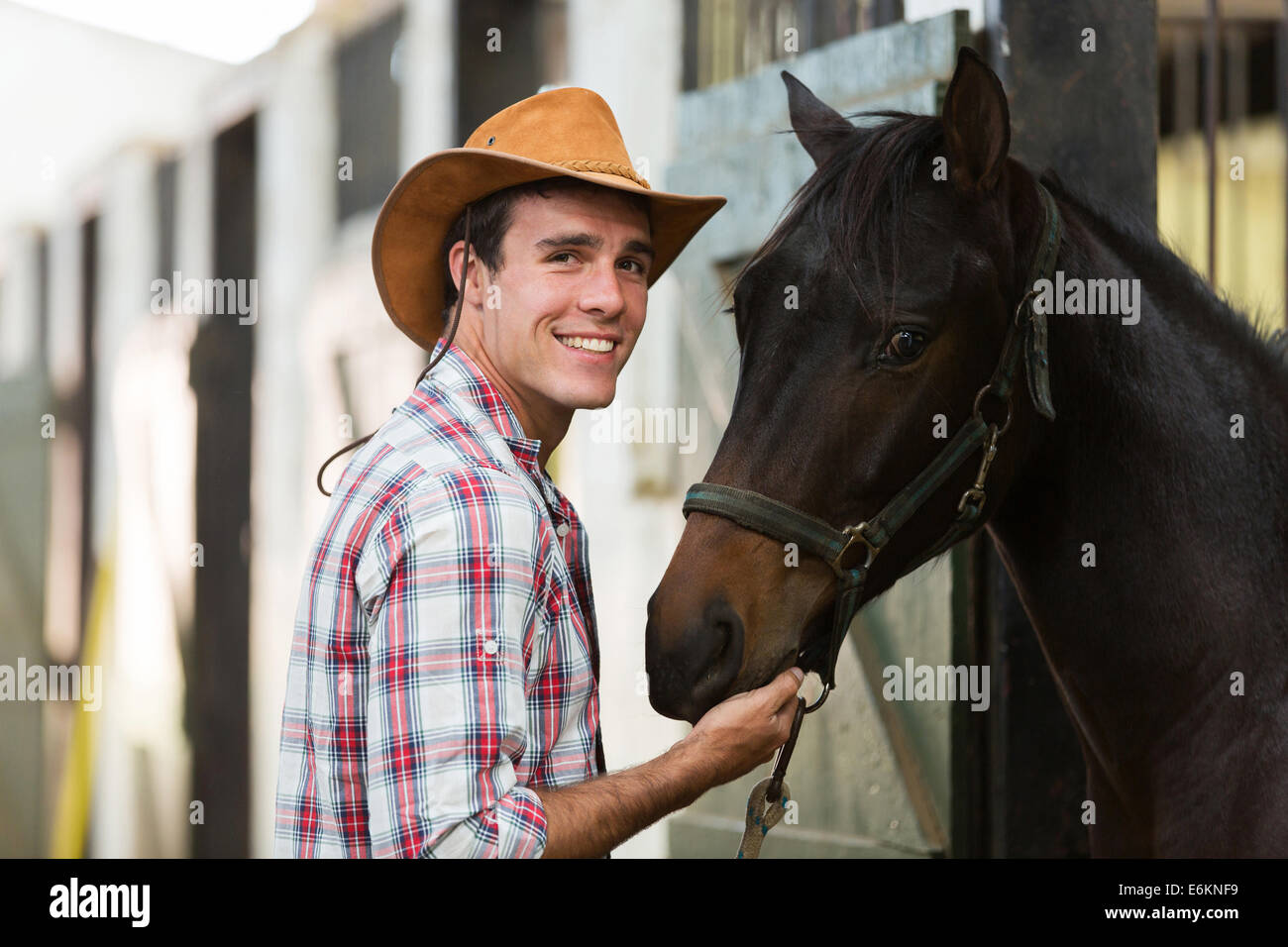 cheerful cowboy with a horse in stable Stock Photo - Alamy