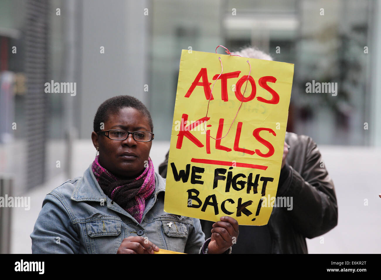 Protesters stage a static demonstration outside the Atos Headquarters ...
