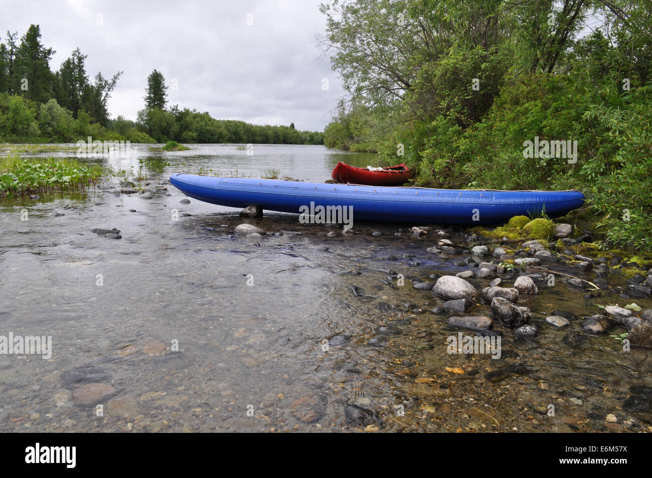 Tourist boat on the North taiga mountain river in the area of the Polar ...