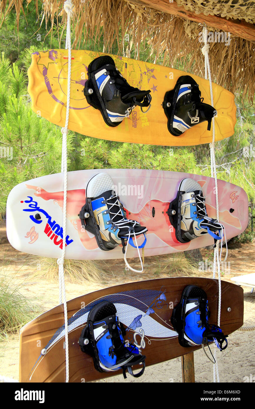 Water ski boards on display at a sports kiosk on Skiathos Island in the ...