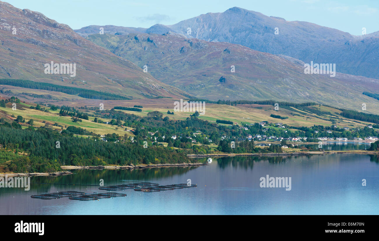 Lochcarron village and fish farm pens Wester Ross Scottish Highlands ...