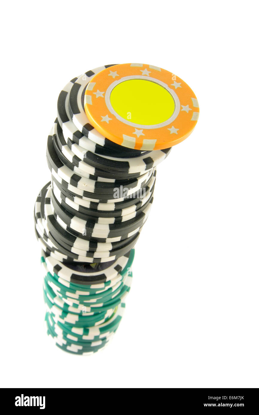 Stack of gambling chips isolated over white background. Focus on the ...