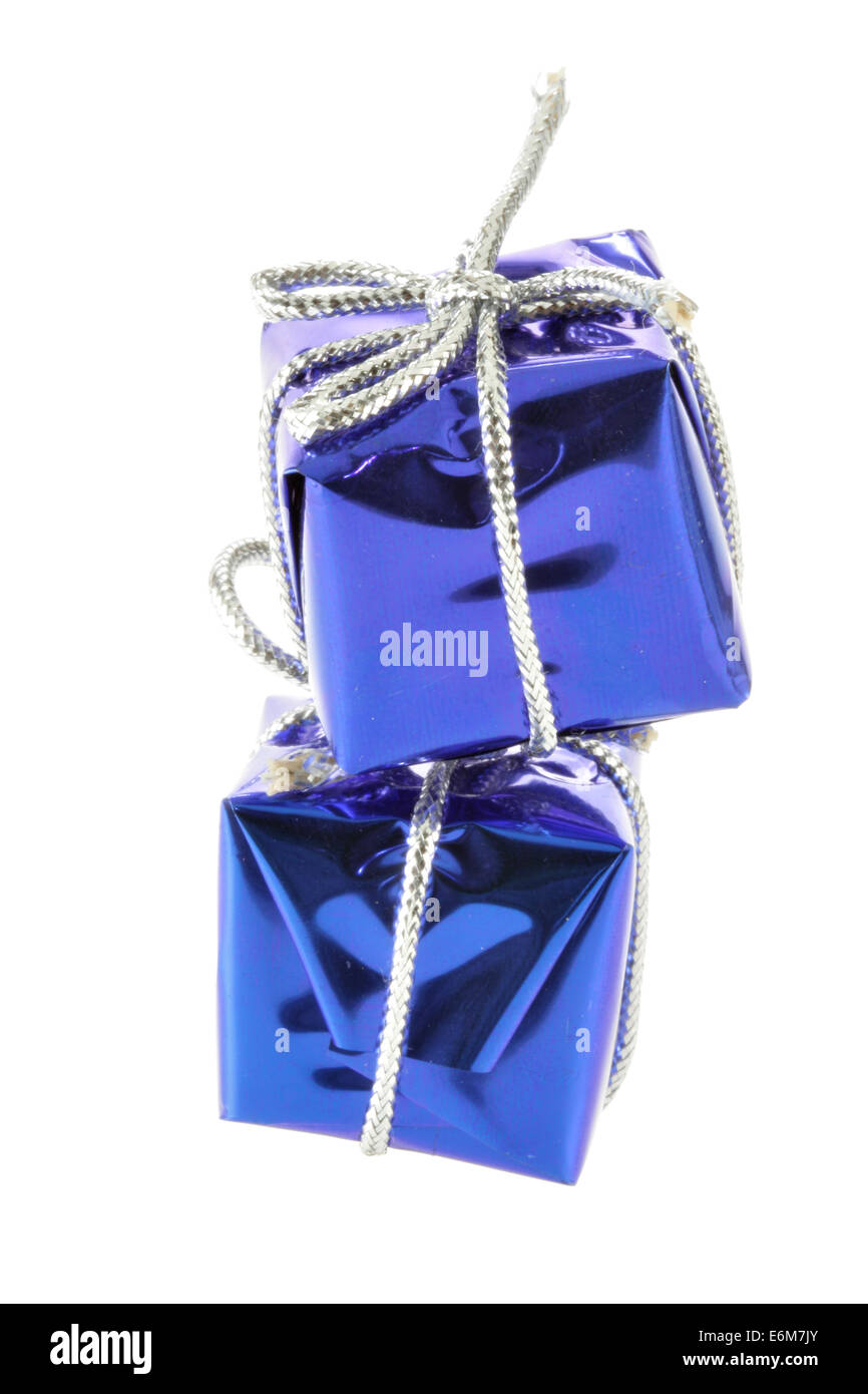 Two blue gift boxes isolated over white background Stock Photo - Alamy