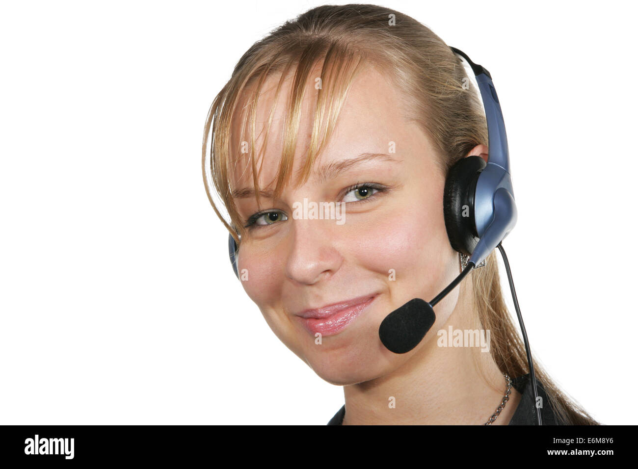 Customer service girl isolated over white background Stock Photo - Alamy
