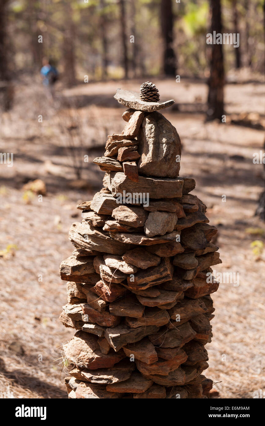 Stone cairns built by walkers to mark the way on a forest path near ...