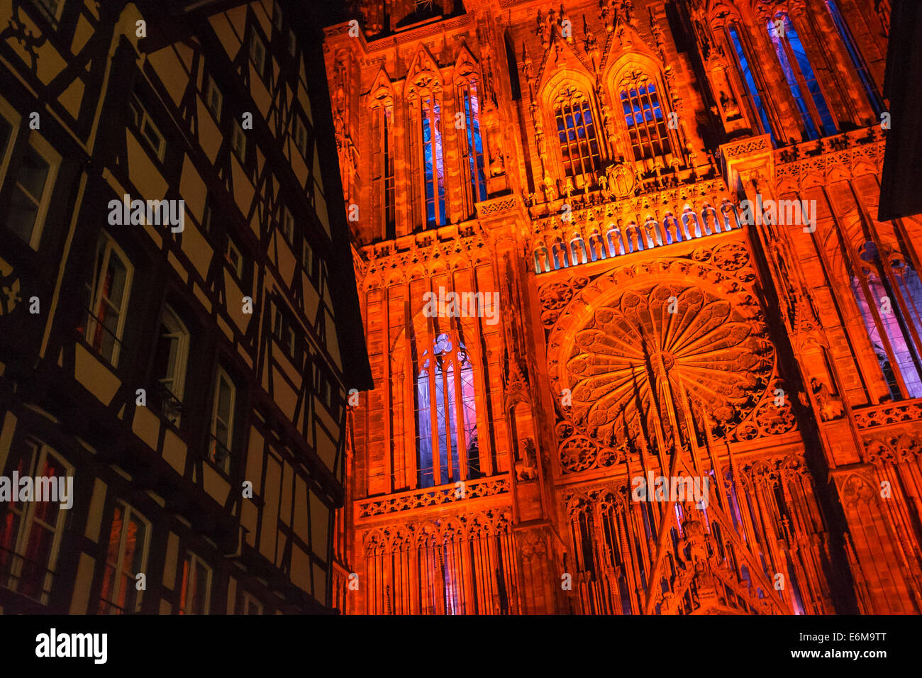 Illuminated Notre-Dame gothic cathedral 14th century at night ...
