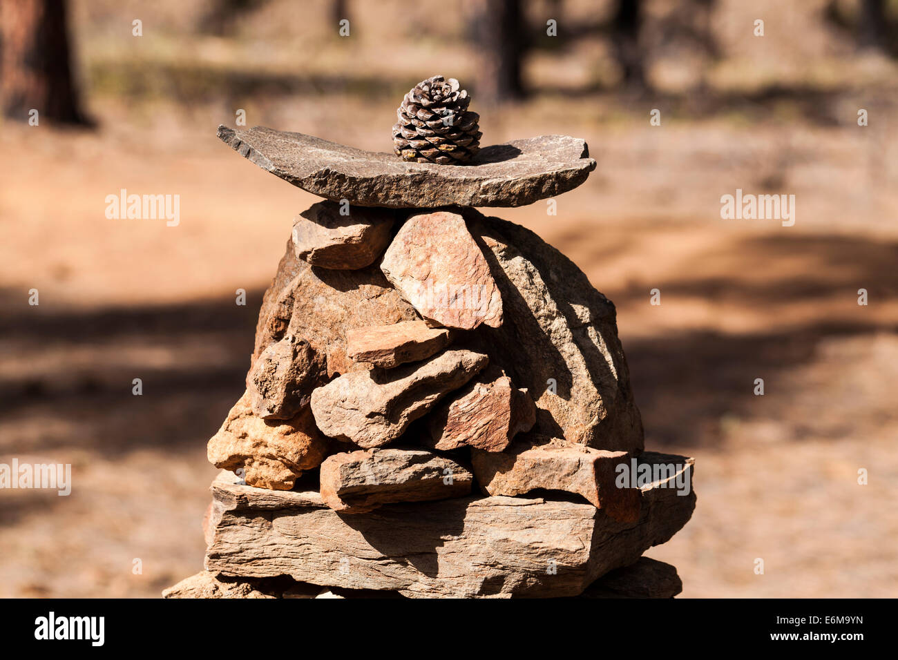 Stone cairns built by walkers to mark the way on a forest path near ...