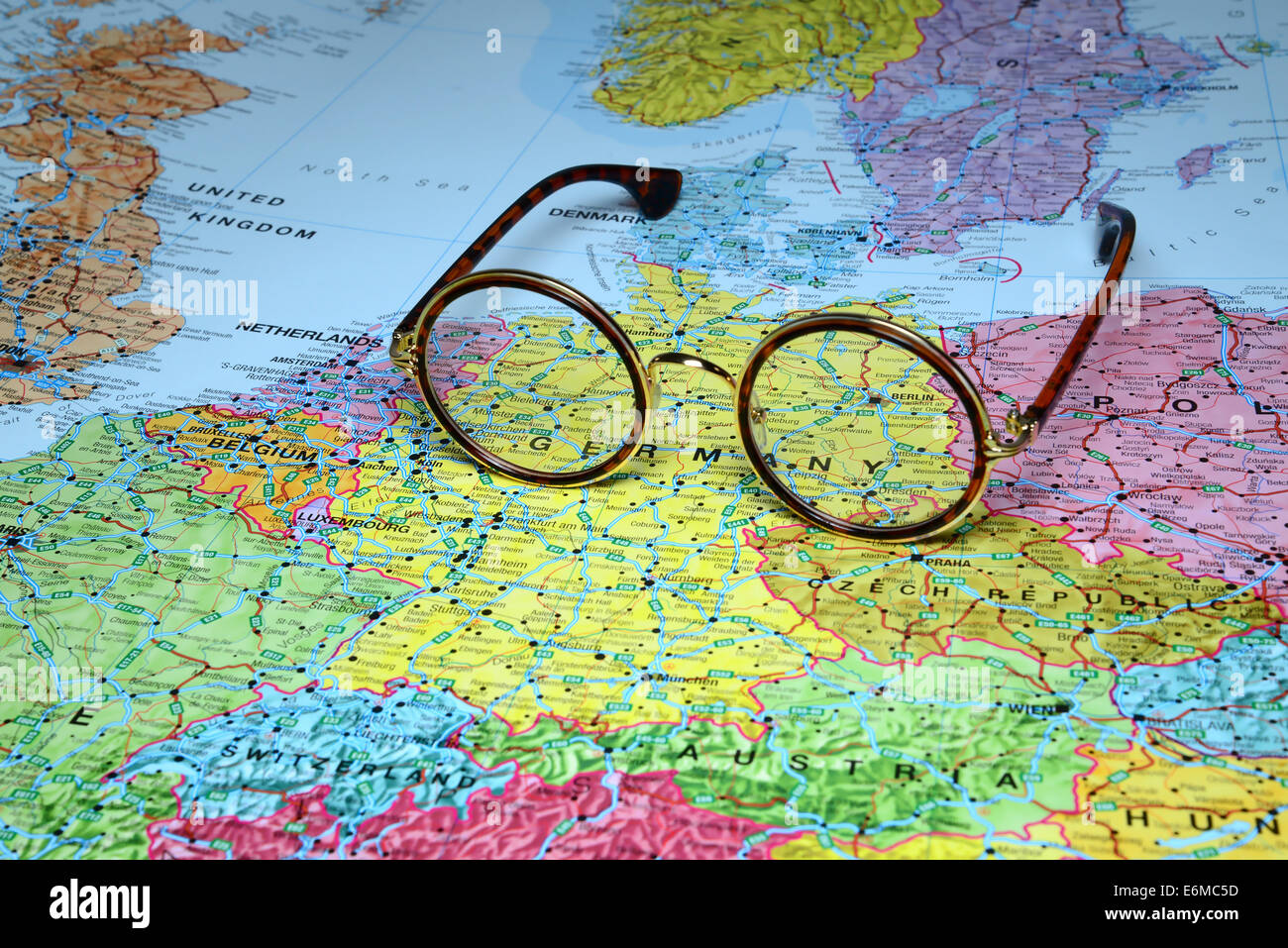 Glasses on a map of europe - Berlin Stock Photo - Alamy