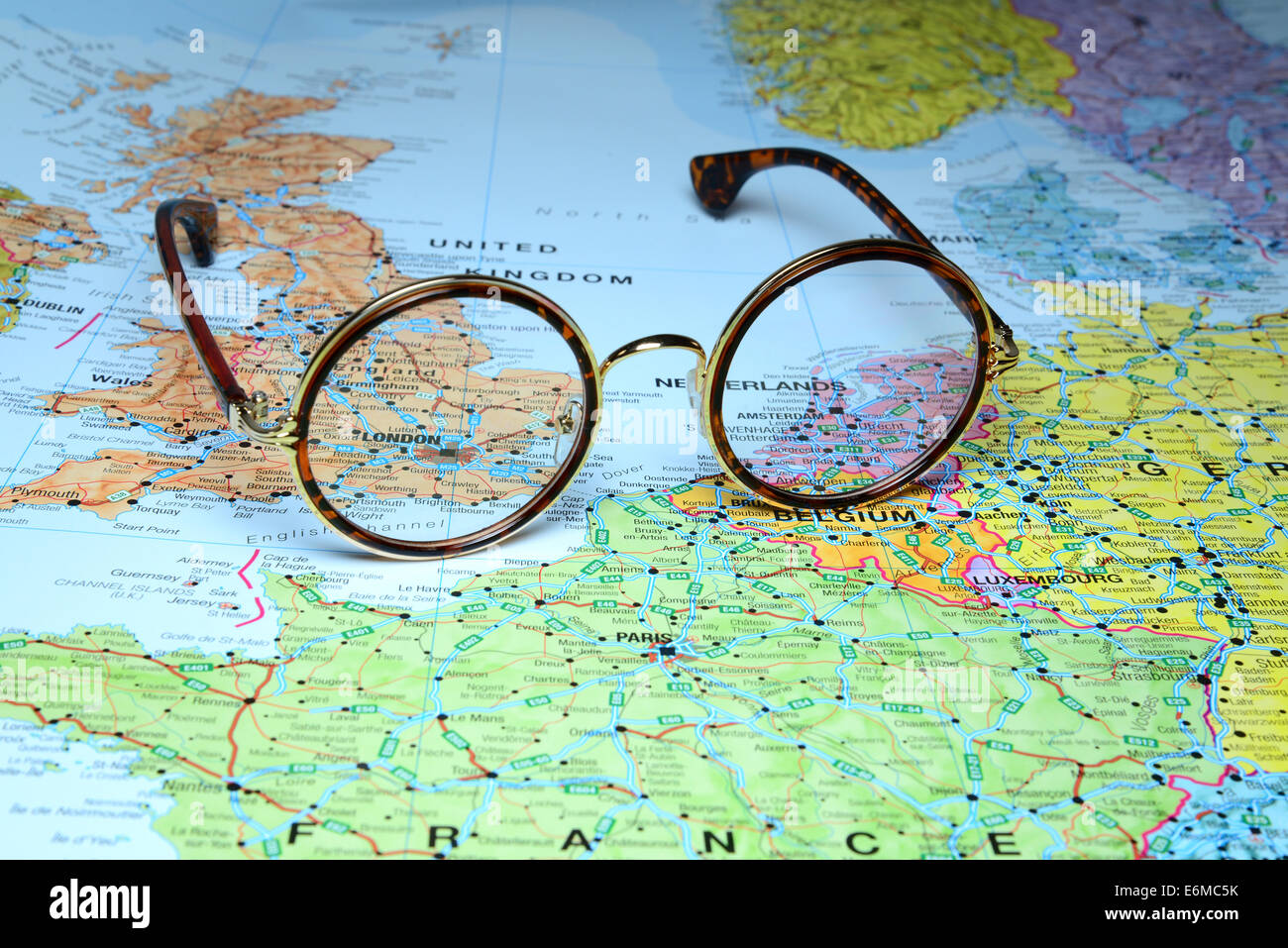 Glasses on a map of europe - London Stock Photo - Alamy