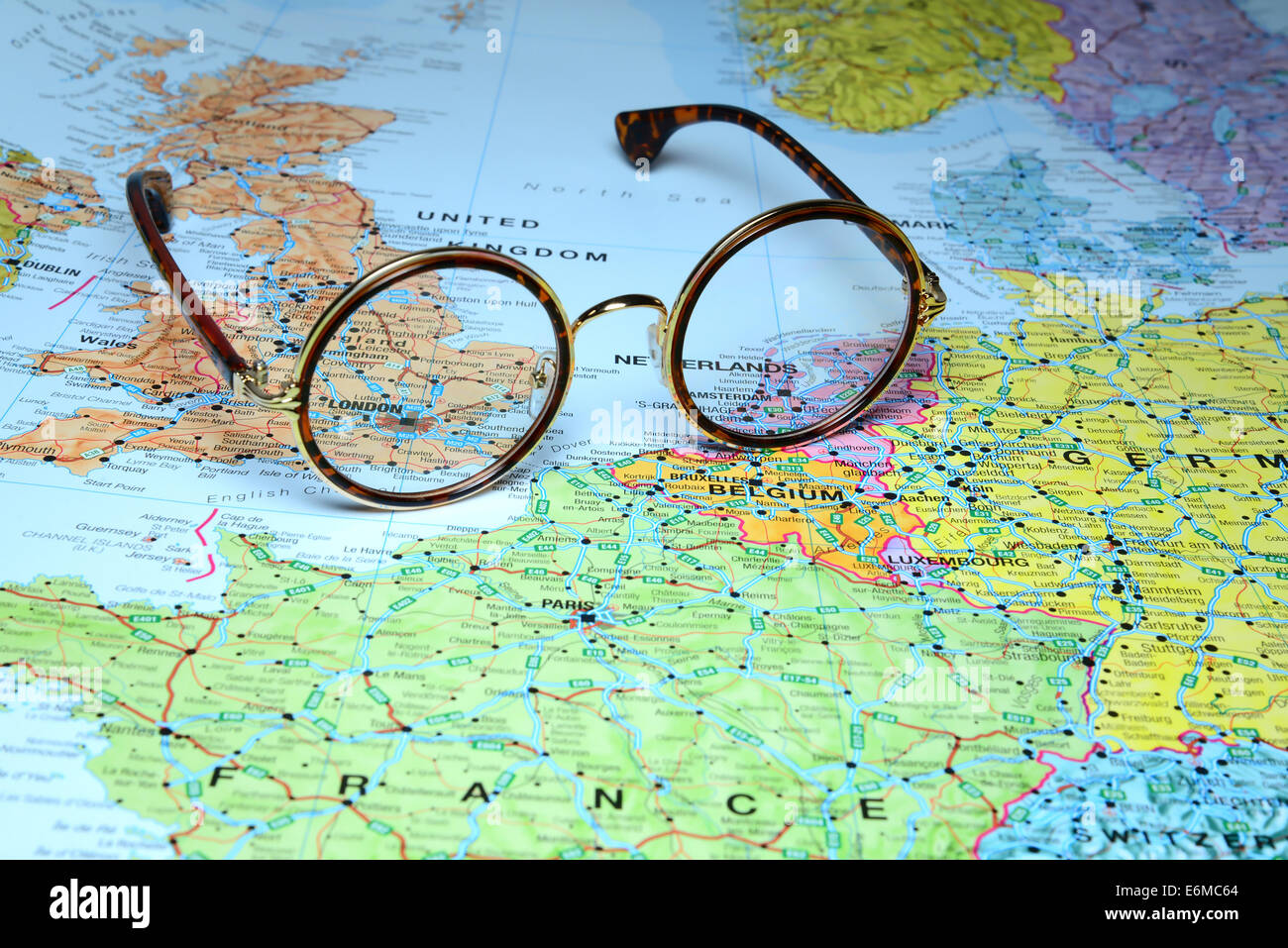 Glasses on a map of europe - London Stock Photo - Alamy