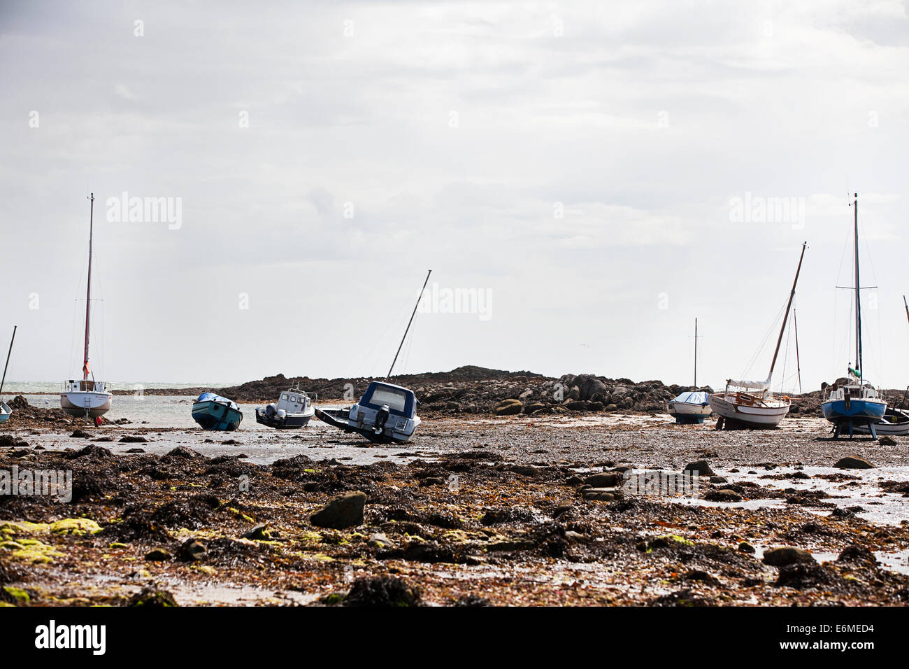 Boats anchored in Boating bay, evening, Rhosneigr, Anglesey, North ...