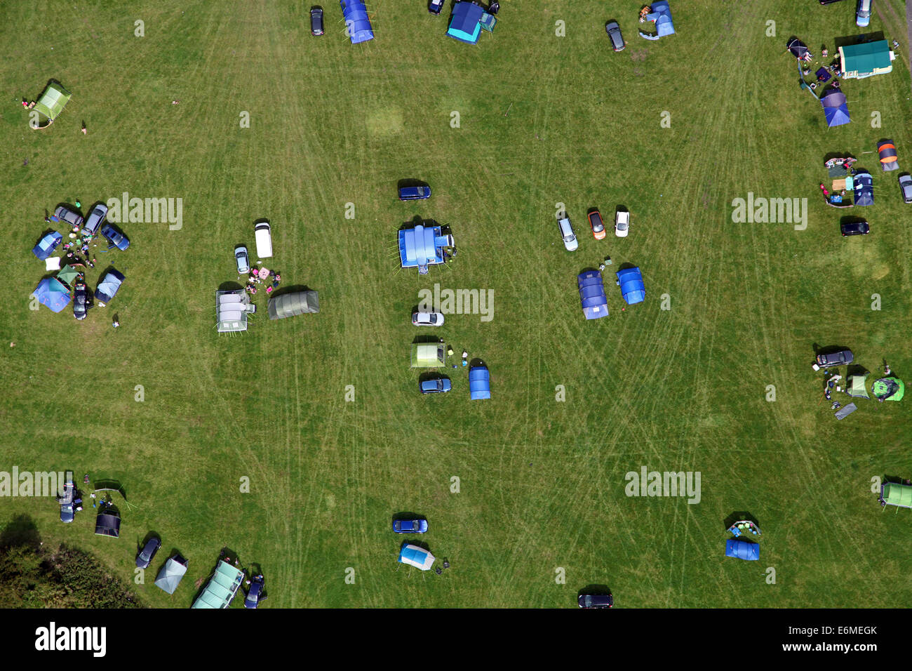aerial view of a campsite in England, looking vertically straight down ...