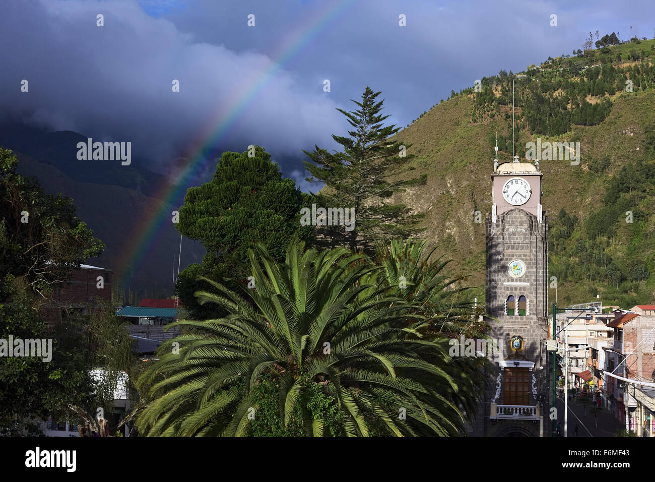 Rainbow over the trees of the Palomino Flores Park and the tower of the ...
