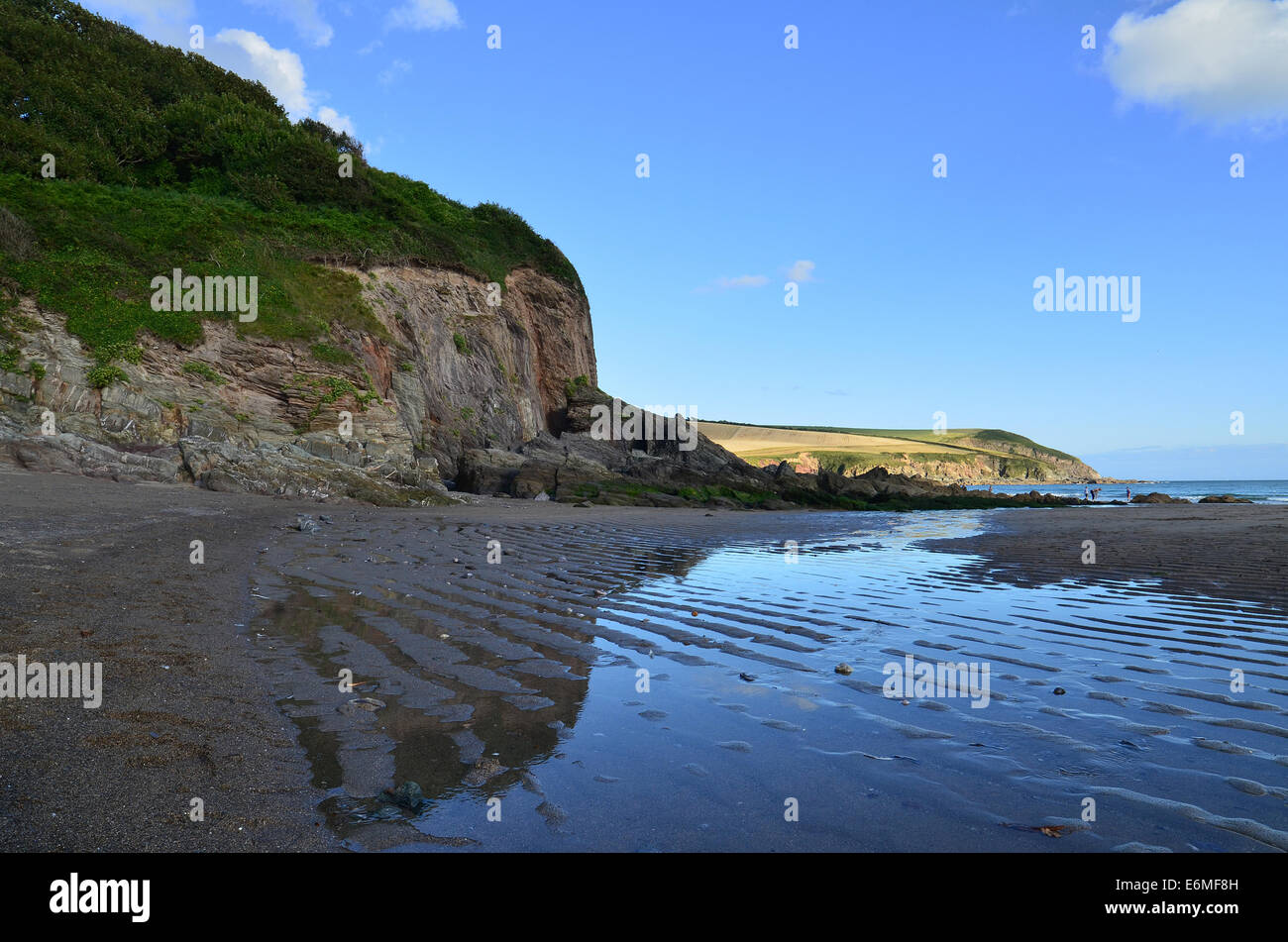 Reflection of the cliff in the rippled sand on Mothecombe beach in ...