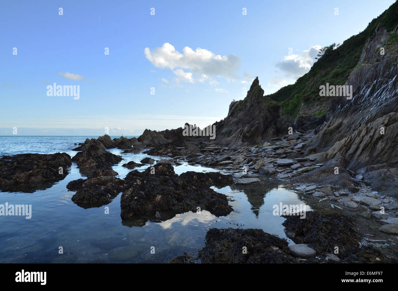 Rocky outfall on Mothecombe Beach looking out to sea and reflecting in ...