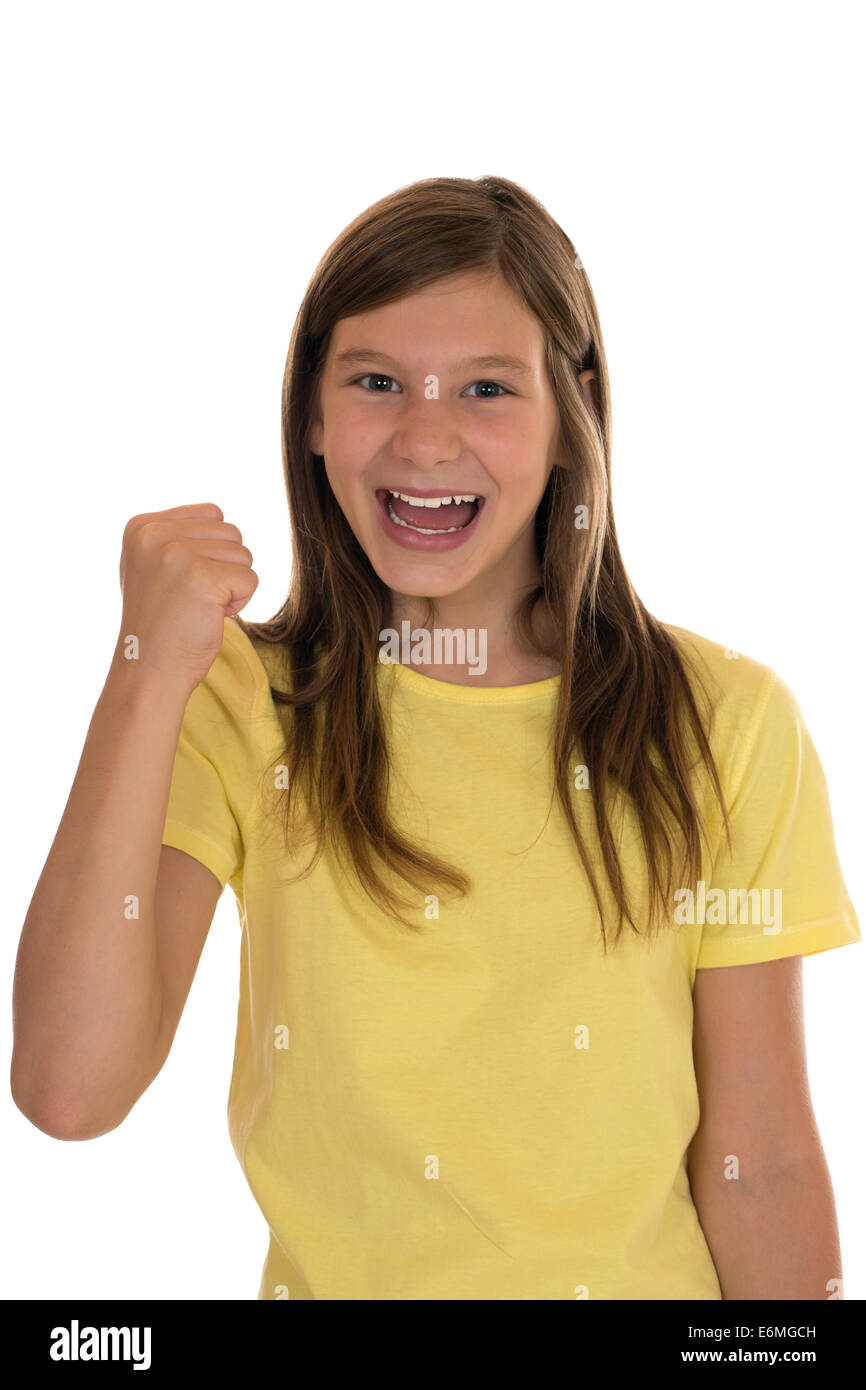 Successful girl winning, isolated on a white background Stock Photo - Alamy