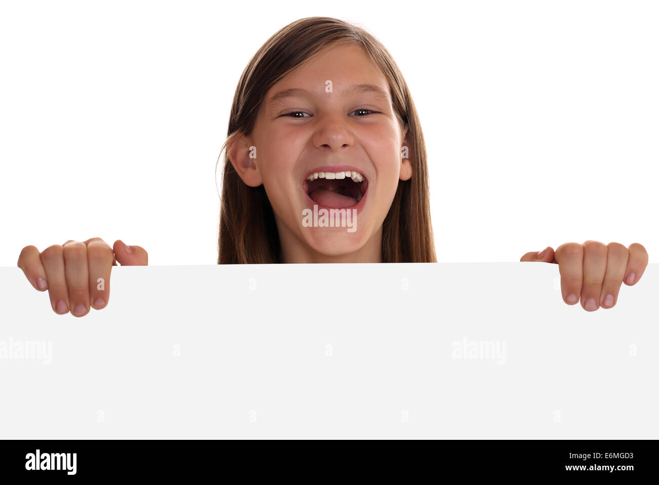 Young girl having fun with an empty sign with copyspace, isolated on a ...