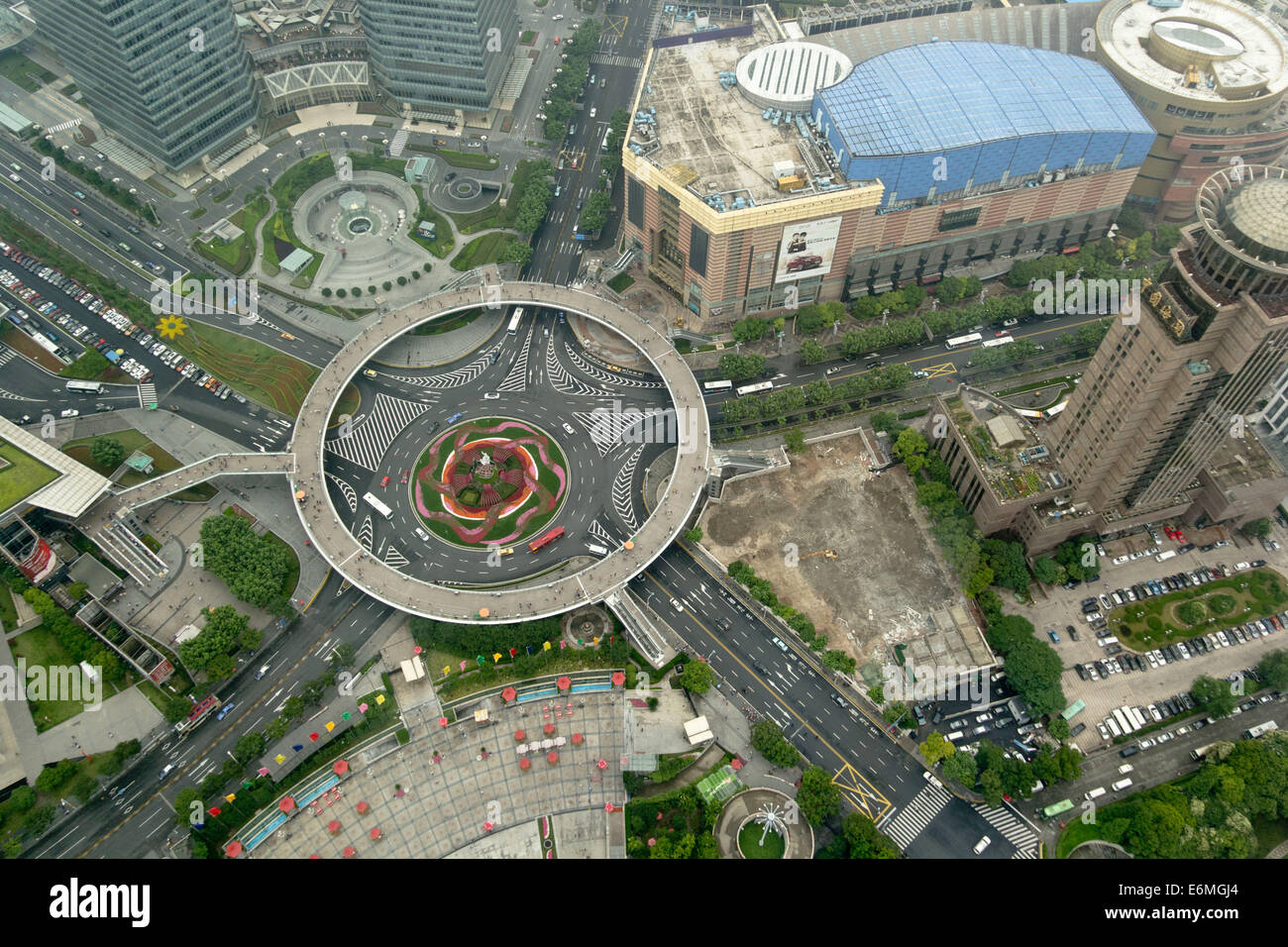 Aerial view of an innovative circular pedestrian bridge in the Pudong ...