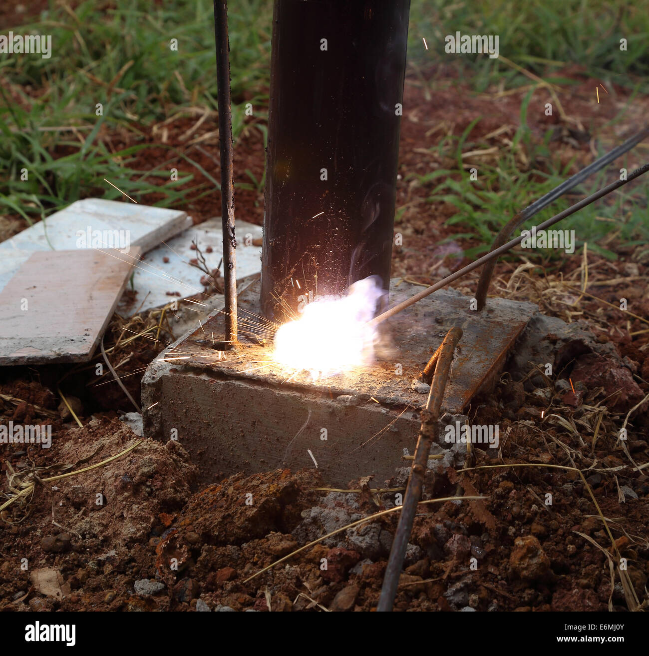 worker use electric welding connecting construction metal Stock Photo ...