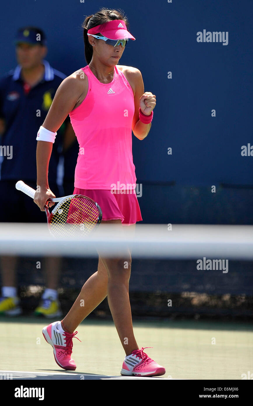 New York, USA. 26th Aug, 2014. Wang Qiang of China reacts during the ...