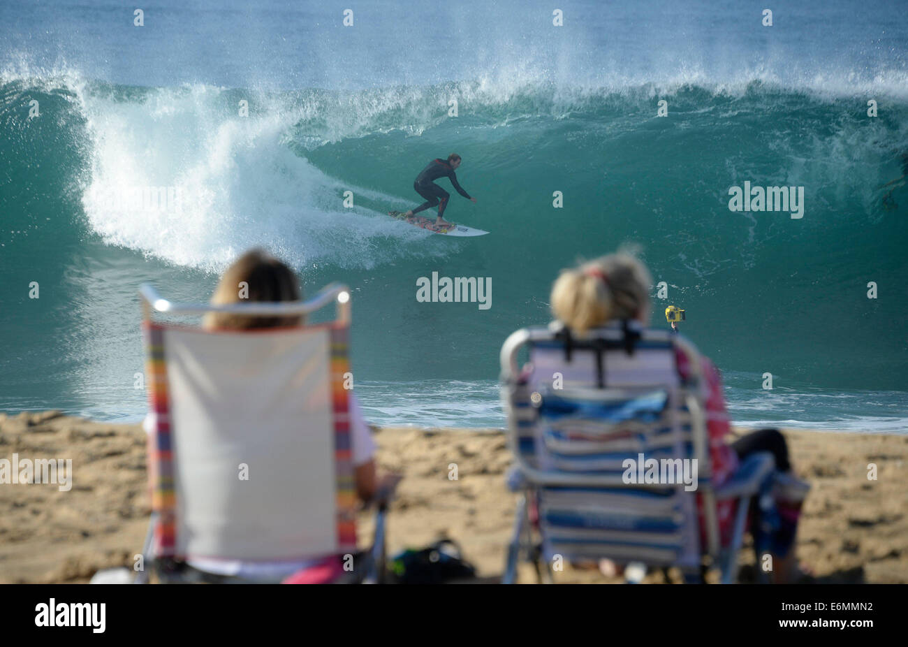 Newport Beach, CA, USA. 26th Aug, 2014. Surfers take on the 8-10 foot ...