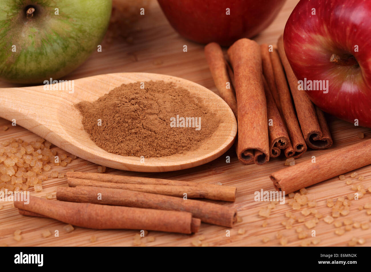 Apple pie ingredients. Apples, cinnamon sticks, ground cinnamon in a ...