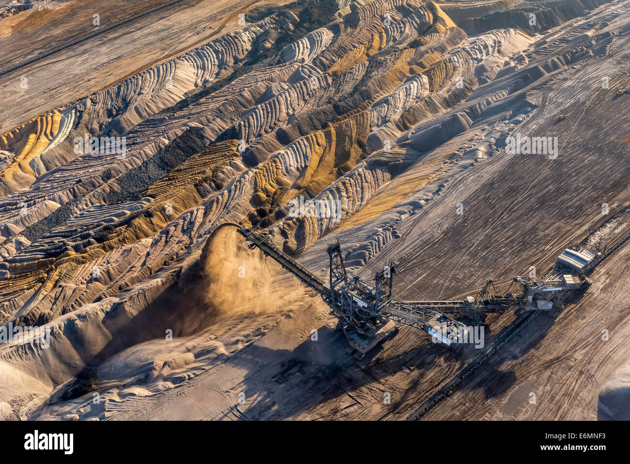 Aerial view, an open cast mine excavator in the Hambach open pit mine ...