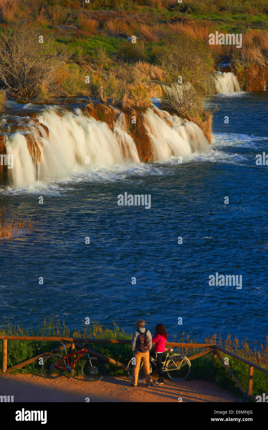 Tourists watching waterfalls, Ruidera Lagoons, Lagunas de Ruidera ...