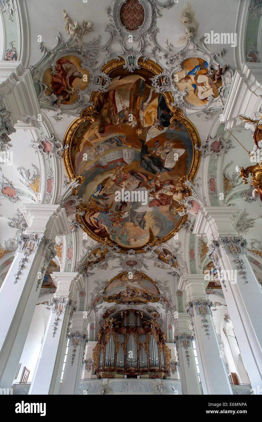 Rococo-style ceiling frescoes and organ, St. George's Abbey, Isny ...