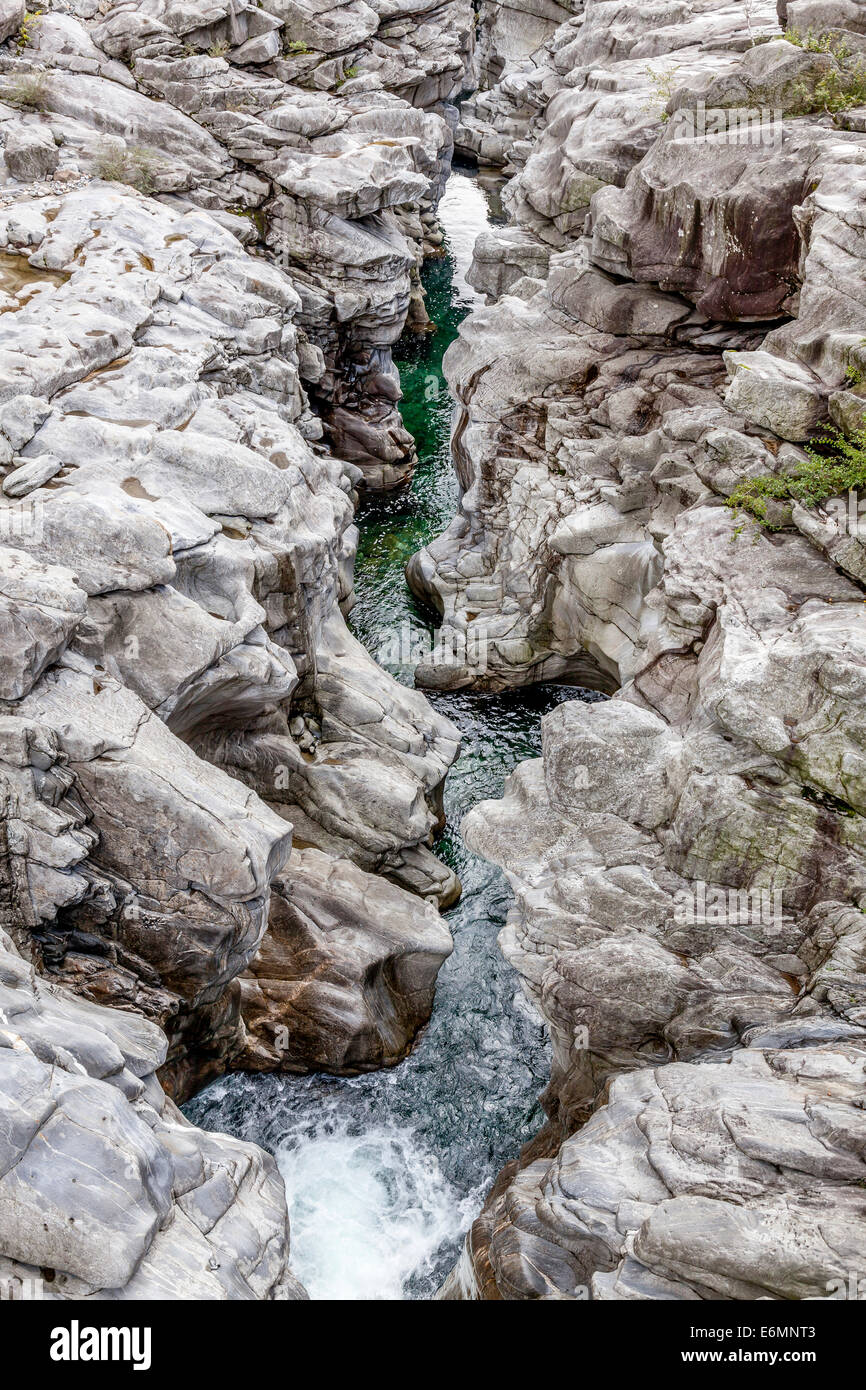 Granite rock formations in the Maggia river in the Maggia Valley, Valle ...