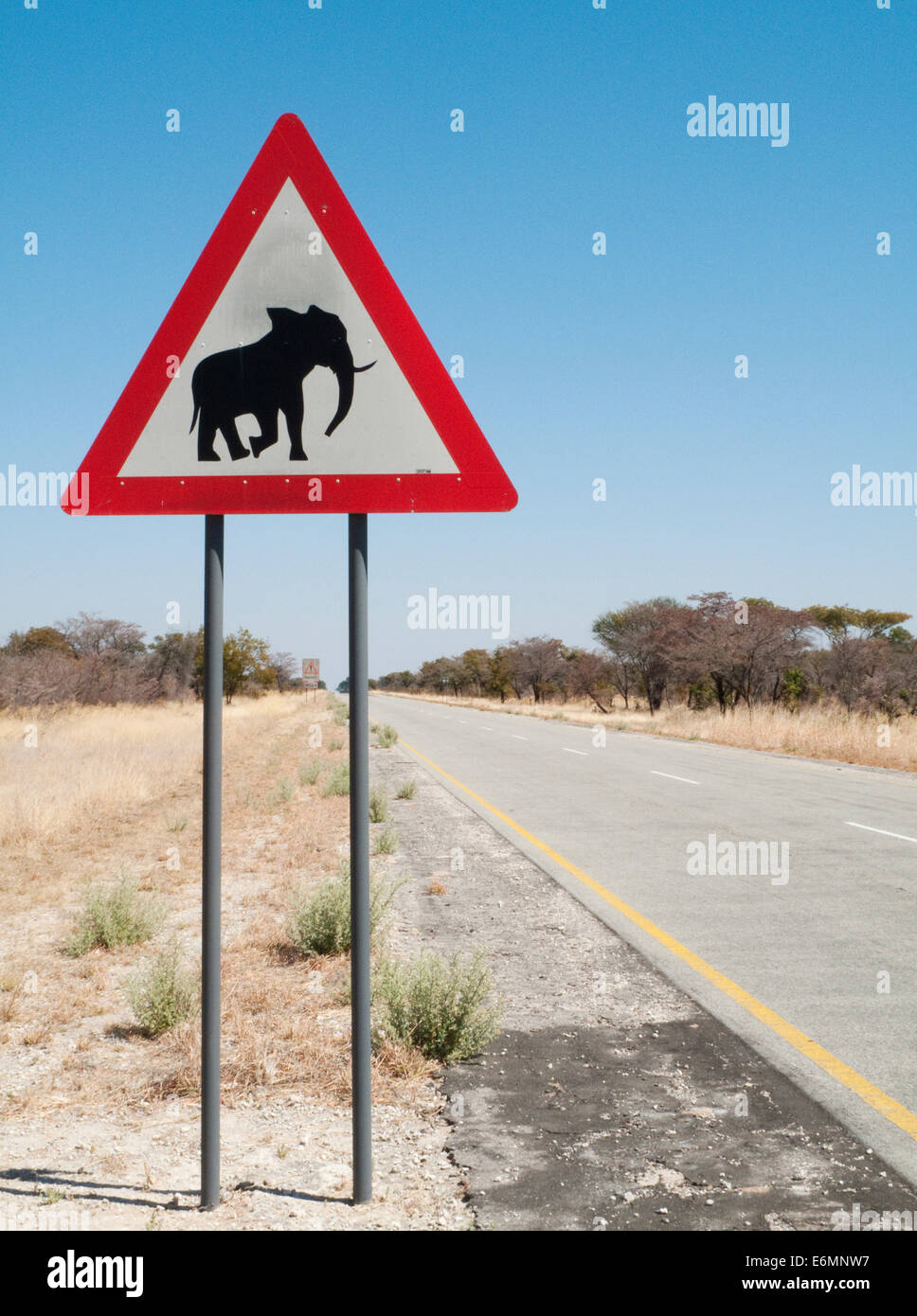 Traffic sign warning of crossing elephants at the B8 at its section ...