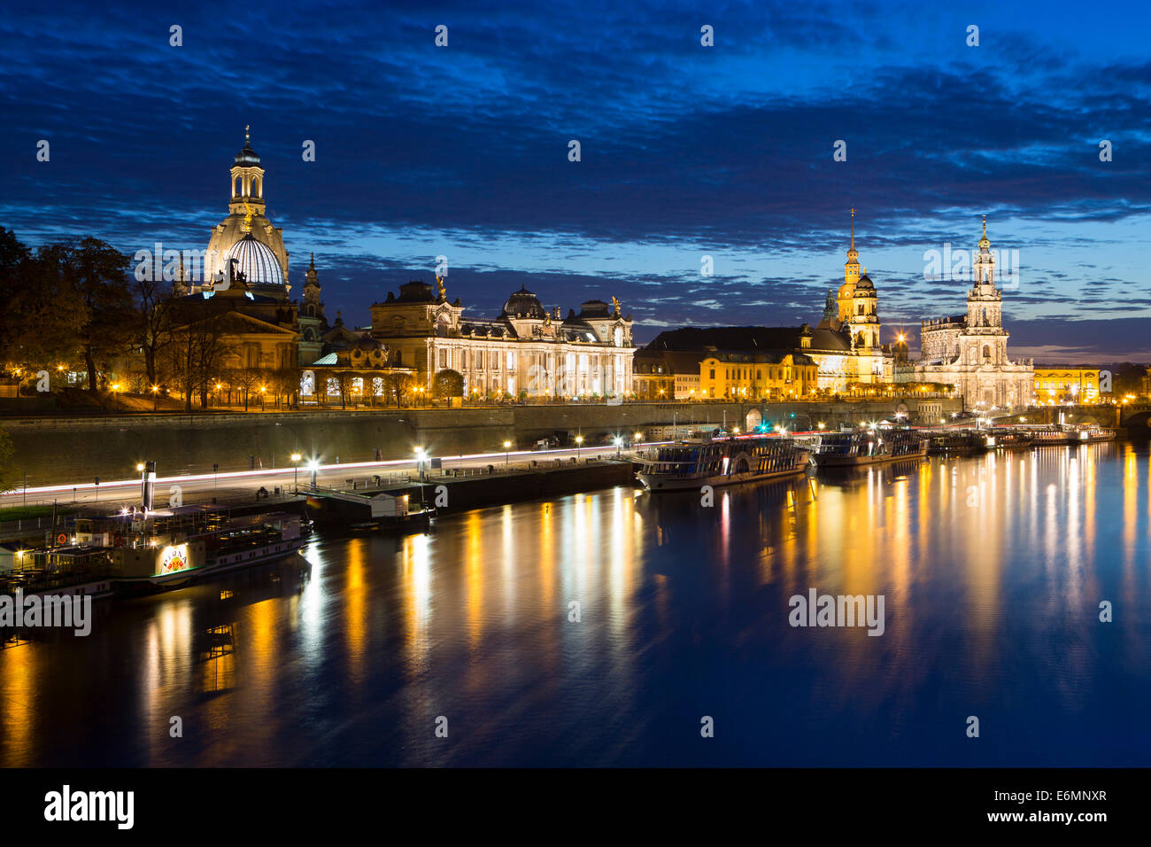 Cityscape at night with Frauenkirche church, Dresden Cathedral and ...