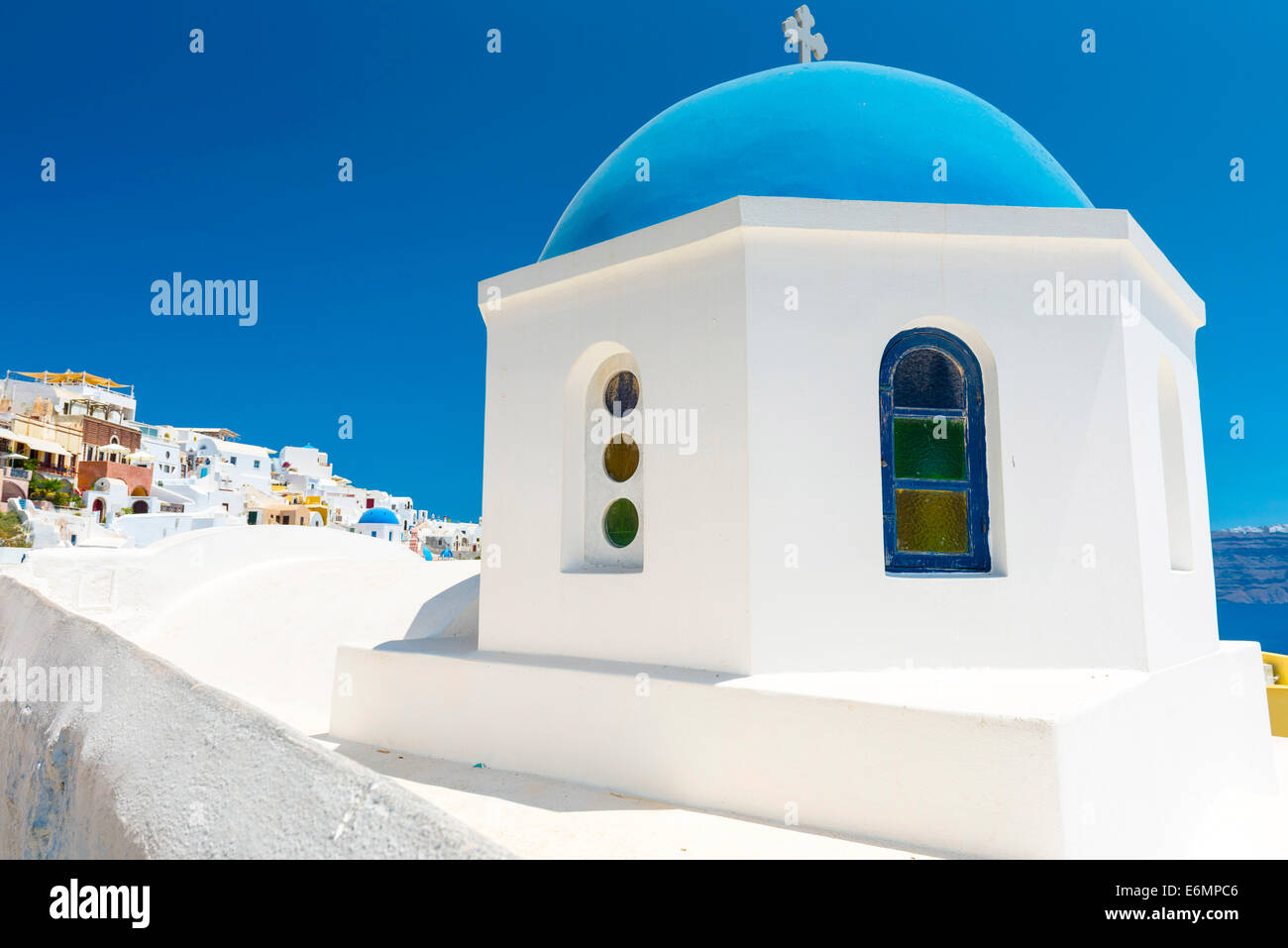 Iconic church with blue cupola in Oia, Santorini, Cyclades, Greece ...