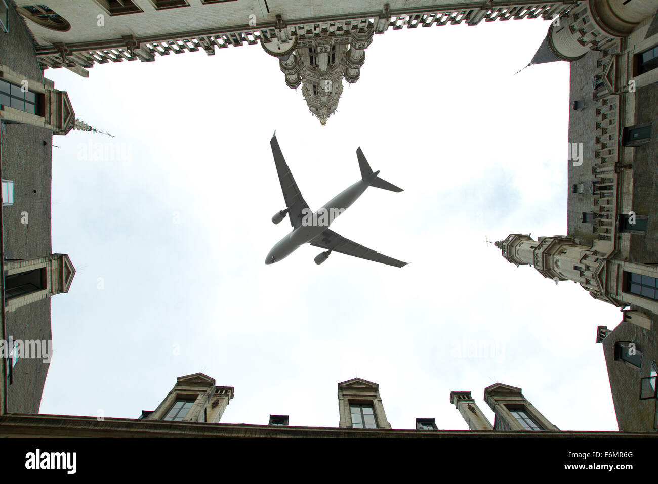 plane over the city of Brussels tilt - shift Stock Photo - Alamy