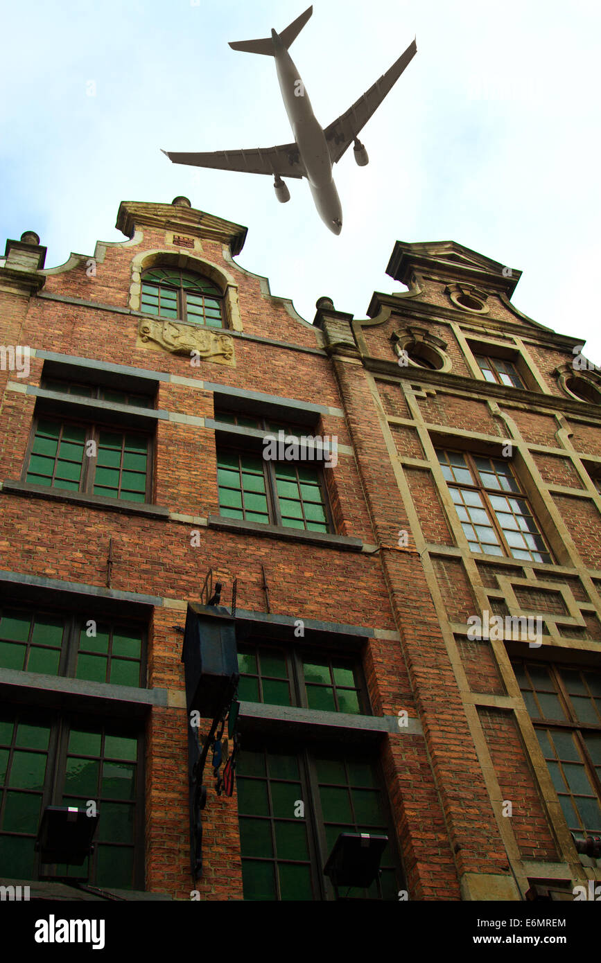 plane over the city of Brussels tilt - shift Stock Photo - Alamy