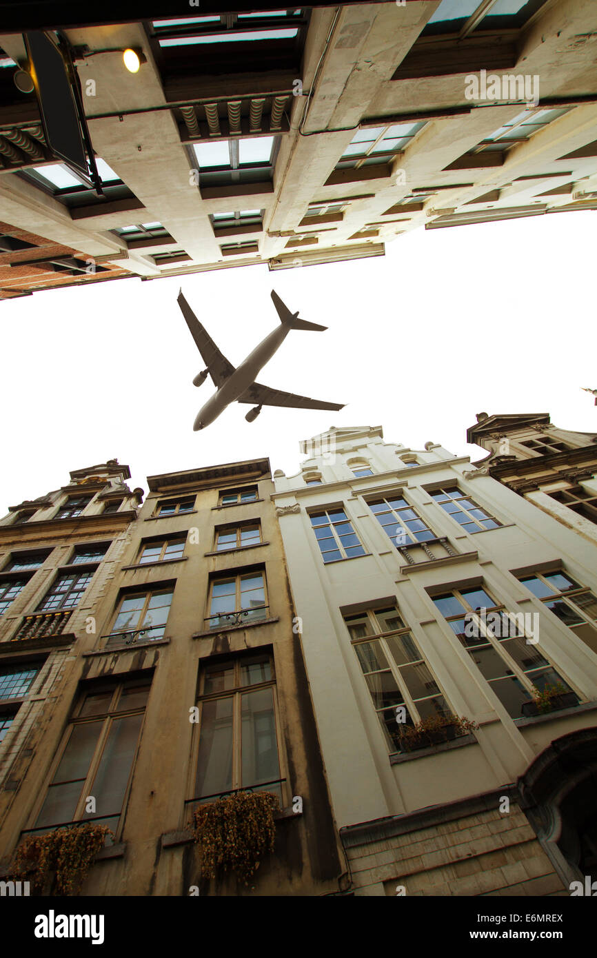 plane over the city of Brussels tilt - shift Stock Photo - Alamy