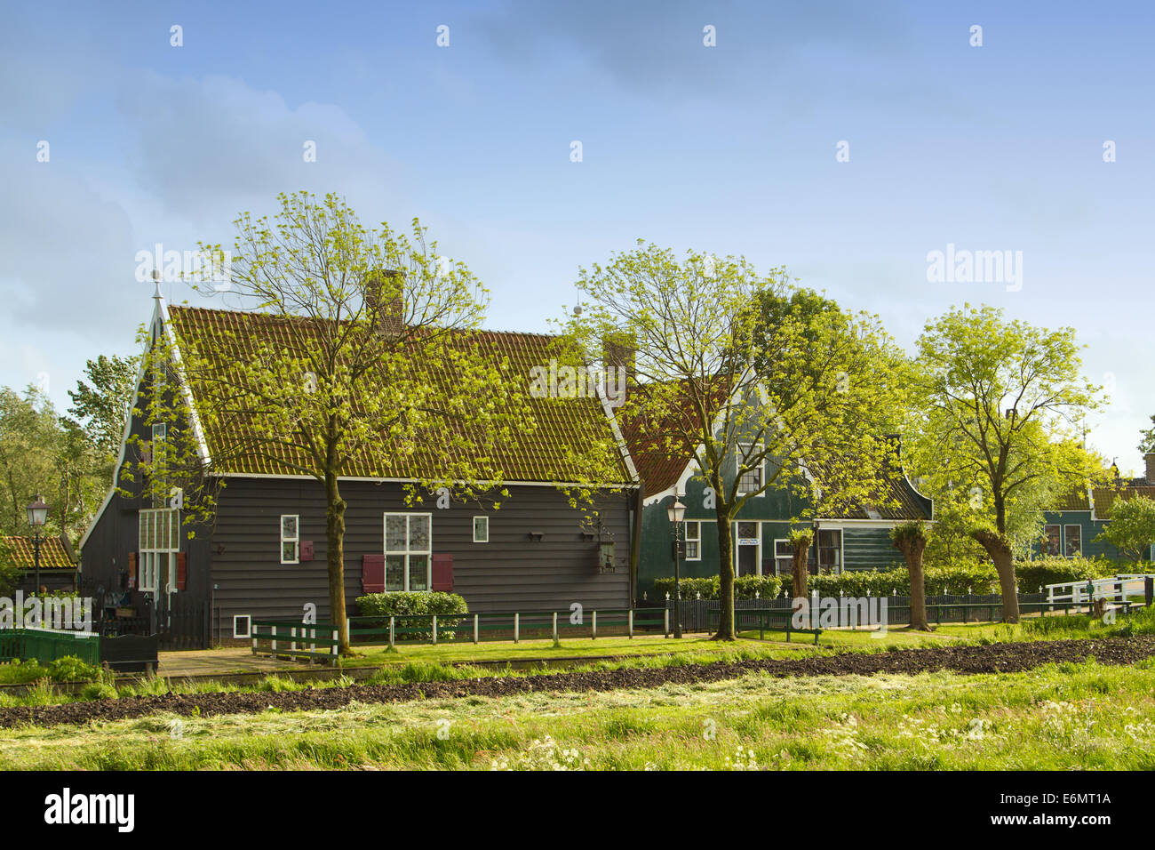 rural dutch scenery of small old houses and canal in Zaanse ...