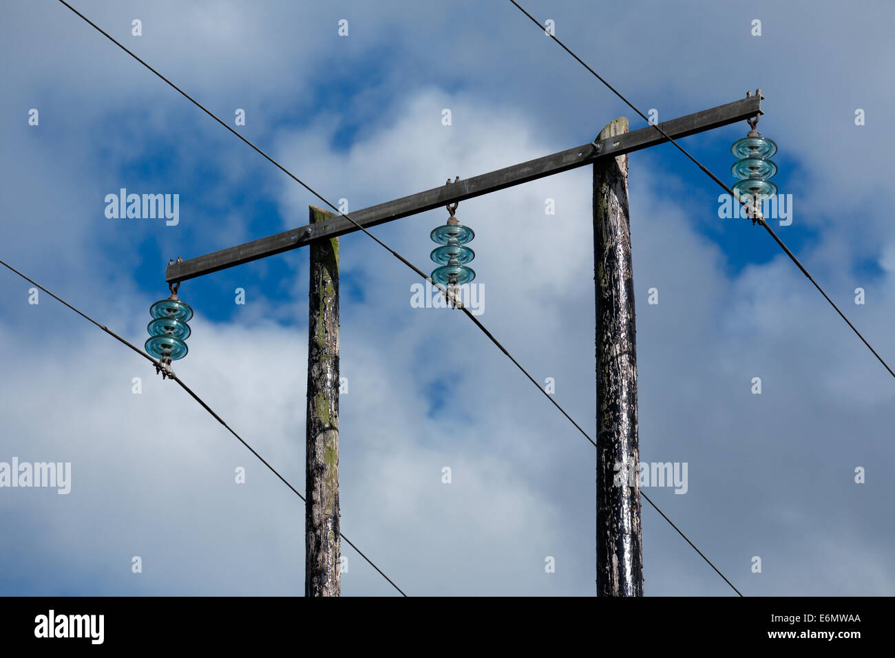 Old wooden electric post against blue sky and beautiful clouds Stock ...
