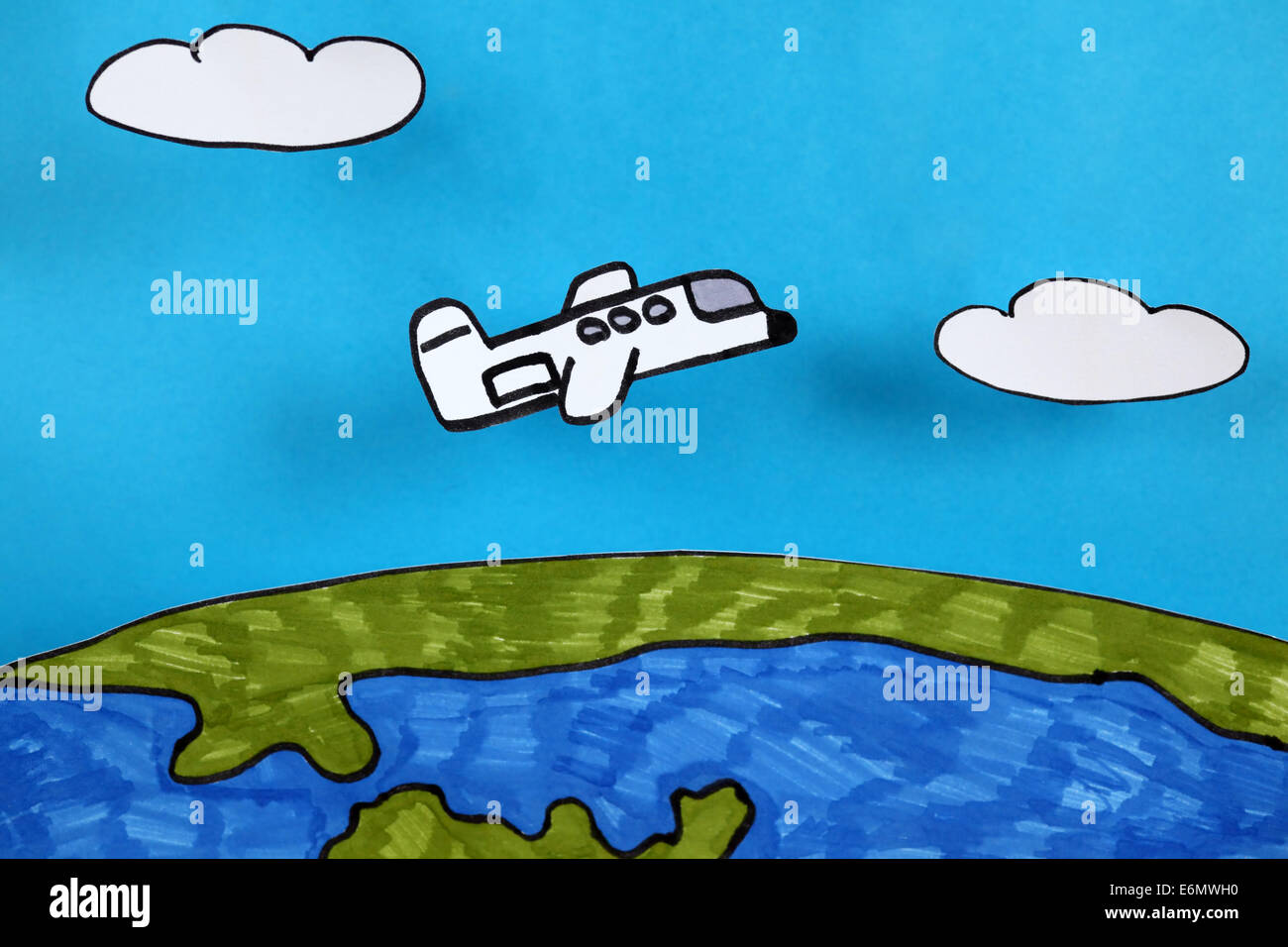 Airplane flies over planet Earth. Like child's drawing style. Image was ...
