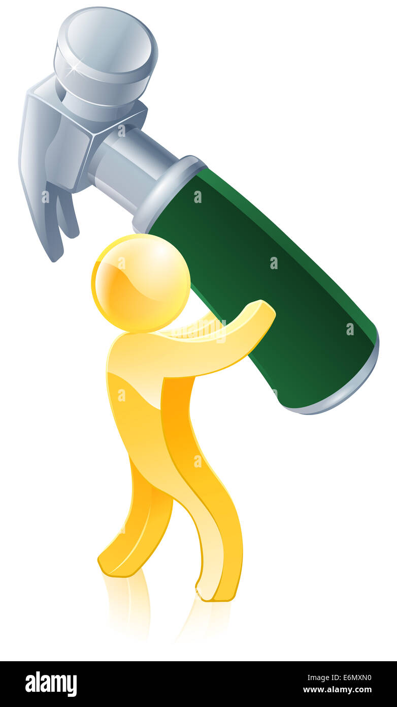 An illustration of a cartoon mascot person and with giant green hammer ...