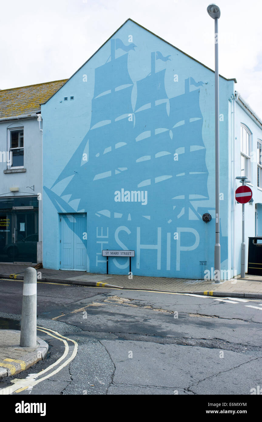 Large painted picture of a ship on the end wall of a UK pub called The ...